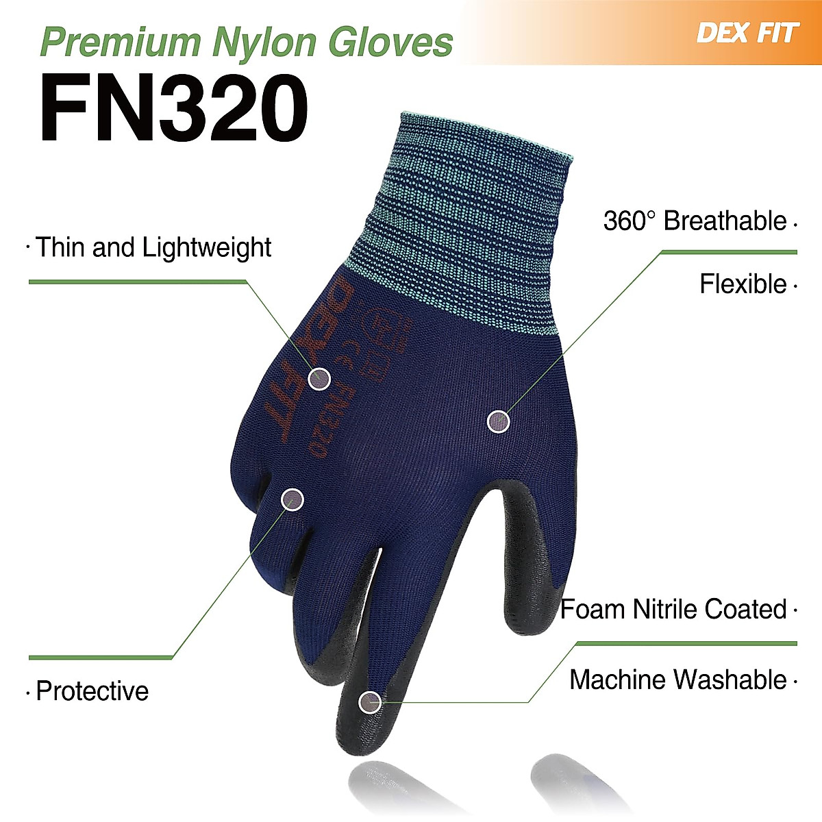 DEX FIT Premium Nylon Work Gloves FN320 - Firm Nitrile Grip, 3D-Comfort Stretchy Fit, Thin & Lightweight, Protective & Durable, Breathable, Machine Washable; Navy 7 (S) 1 Pair