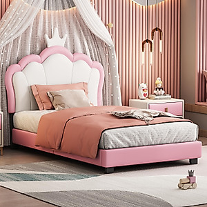 Aiuyesuo Elegant Twin Size Upholestered Princess Bed with Crown Headboard, PU Leather Platform Bed with Sturdy Slatted Support for Kids Girls Teens (Pink+White-Twin)