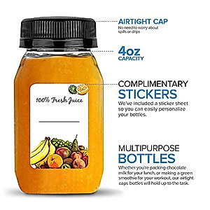 4 Ounce Mini Bottles for Mini Fridge, Reusable Juice Containers with Black Caps, Small Bottle for Liquids in Kids Lunch Box, Clear Empty Plastic Container with Lids for Juicing (12 Pack)