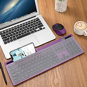 Wireless Keyboard and Mouse Combo - Keyboard with Phone Holder, VIVEFOX 2.4GHz Silent USB Wireless Keyboard Mouse Combo, Full-Size Keyboard and Mouse for Computer, Desktop and Laptop (Purple)