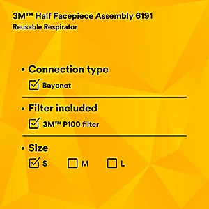 3M Half Facepiece Reusable Respirator Assembly Kit 6191, P100, Lightweight, Comfortable, Easy to Adjust, Includes 2091 Particulate Filter, Welding, Soldering, Asbestos