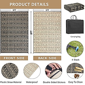 Reversible Outdoor Rugs for Patio Decor 5x8ft Waterproof Portable Outdoor Carpet Mat Large Plastic Straw Rug Geometric Bohemian Area Rug for Patio Clearance RV Camping Picnic Beach Backyard