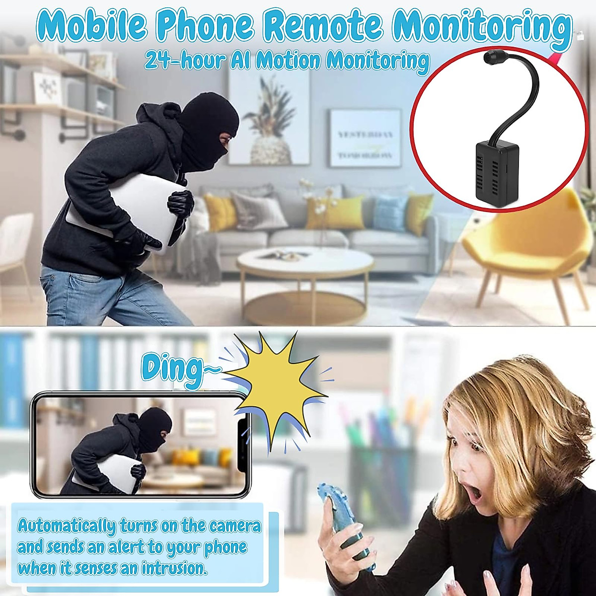 Mini WiFi Camera, 1080p X7 Remote Secret Spy Camera with Small Adjustable Snake Lens, Portable Night Vision Hidden Camera,Record Video, Motion Detection, for Indoor Outdoor