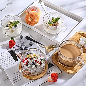 Bandesun Vintage Glass Coffee Mugs Tea Cups, 14 Oz Set of 2 - Stackable Embossed, Glassware with Handle, for Cappuccino, Latte, Cereal, Yogurt, Beverage Hot/Cold, Milk