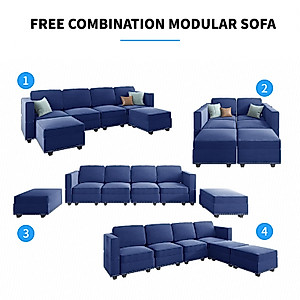 PUREMIND Modular Sectional Sofa with Reversible Storage Ottoman, Convertible U Shaped Couch with Adjustable Armrest & Backrest, Velvet 6 Seater L Shaped Sofa Sleeper for Living Room, Blue