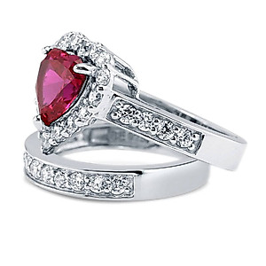 BERRICLE Sterling Silver Halo Wedding Engagement Rings Simulated Ruby Cubic Zirconia CZ Statement Heart Ring Set for Women, Rhodium Plated Size 8