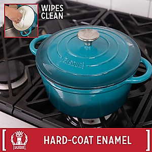 Basque Enameled Cast Iron Cookware Set, 7-Piece Set (Biscay Blue), Nonstick, Oversized Handles, Oven Safe; Skillet, Saucepan, Small Dutch Oven, Large Dutch Oven, 10.25", 2QT, 2.25QT, 4.75QT