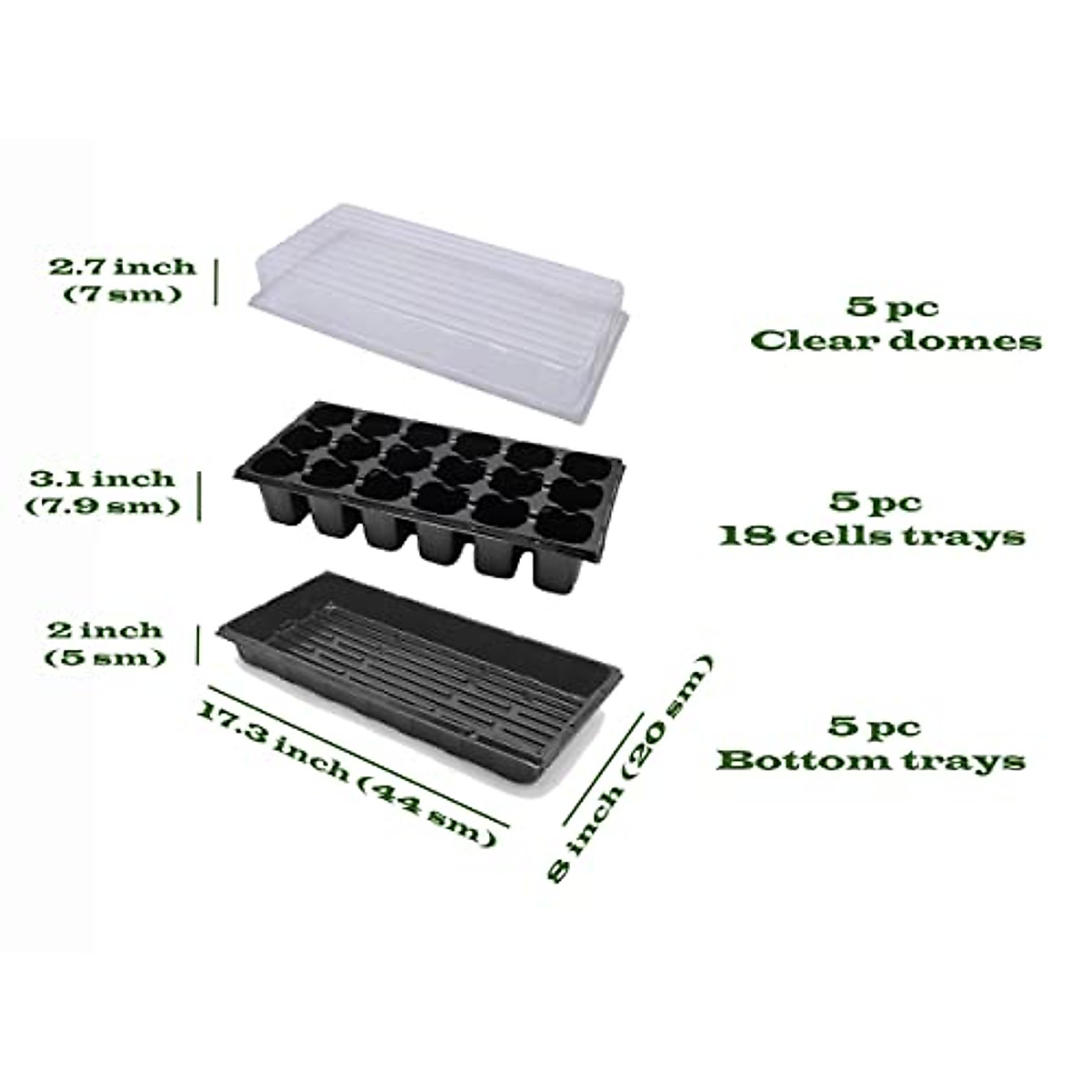 ZIRKA Seed Starter Tray with Dome Kit 5 Pack Heavy Duty Plant Germination Trays 18 Cells Propagation Tray 17.3x8x3 inch