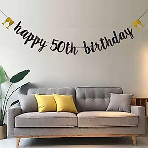 ABCpartyland Happy 50th Birthday Banner, Pre-Strung, 50TH Birthday Party Garlands Bunting Sign Photo Props Backgrounds, Black, 118 inches x 5.6 inches