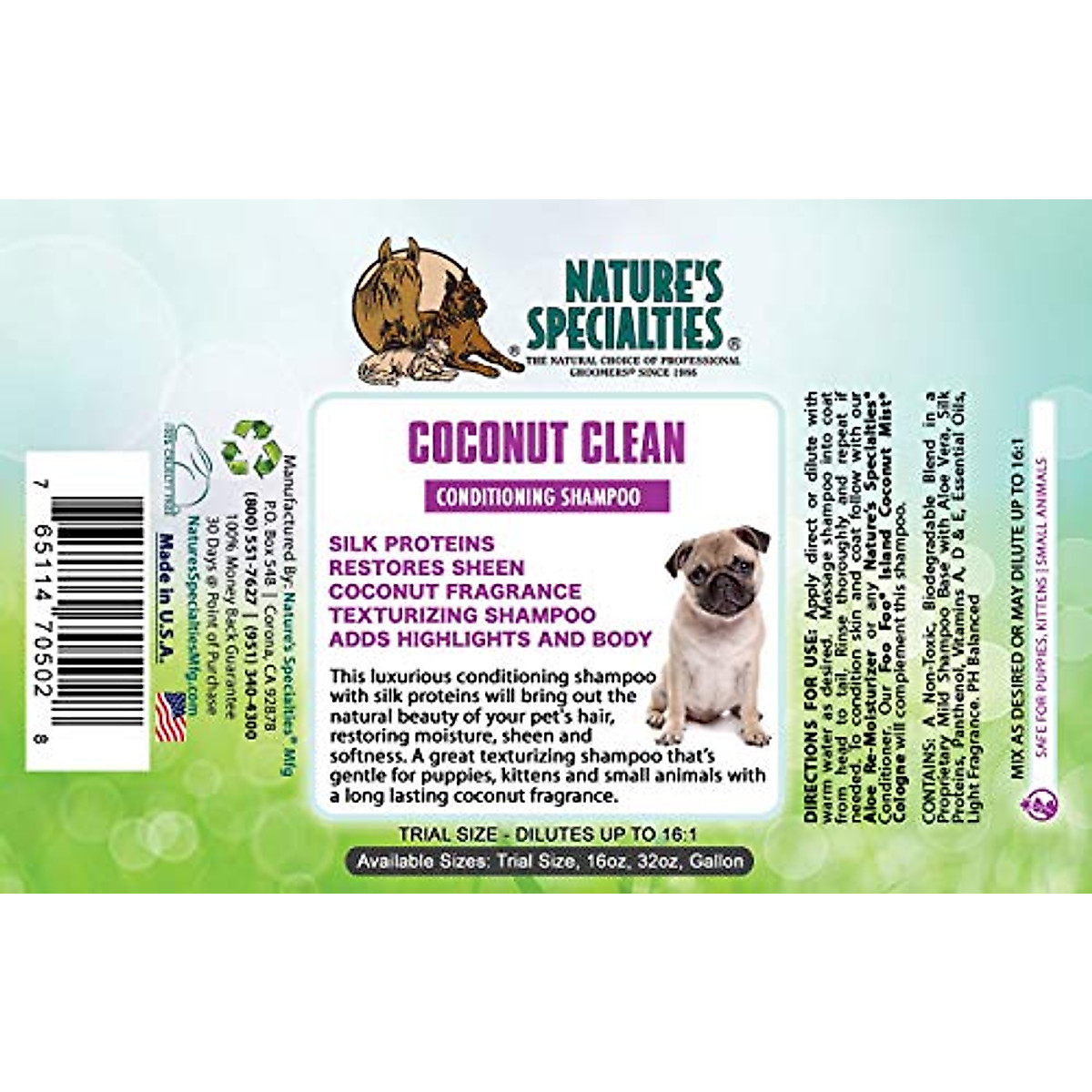Nature's Specialties Coconut Clean Ultra Concentrated Dog Conditioning Shampoo for Pets, Makes up to 2 Gallons, Natural Choice for Professional Groomers, Adds Highlighting and Body, Made in USA, 16 oz