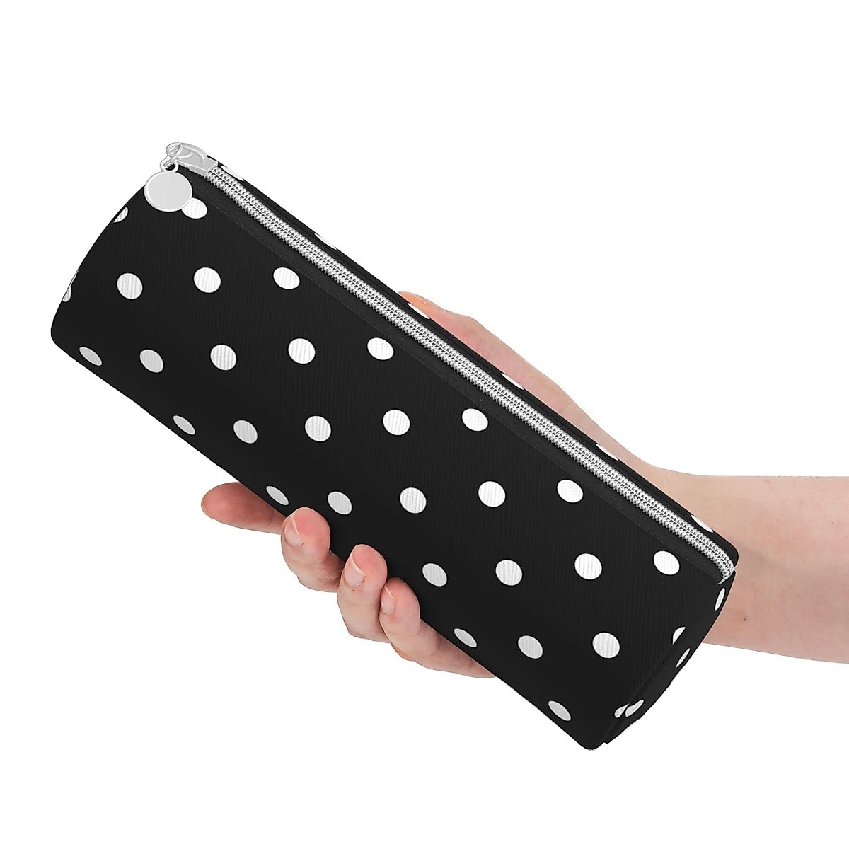Ykklima Polka Dot Black and White Simple Pattern Leather Pencil Case Zipper Pen Makeup Cosmetic Holder Pouch Stationery Bag for School Work Office