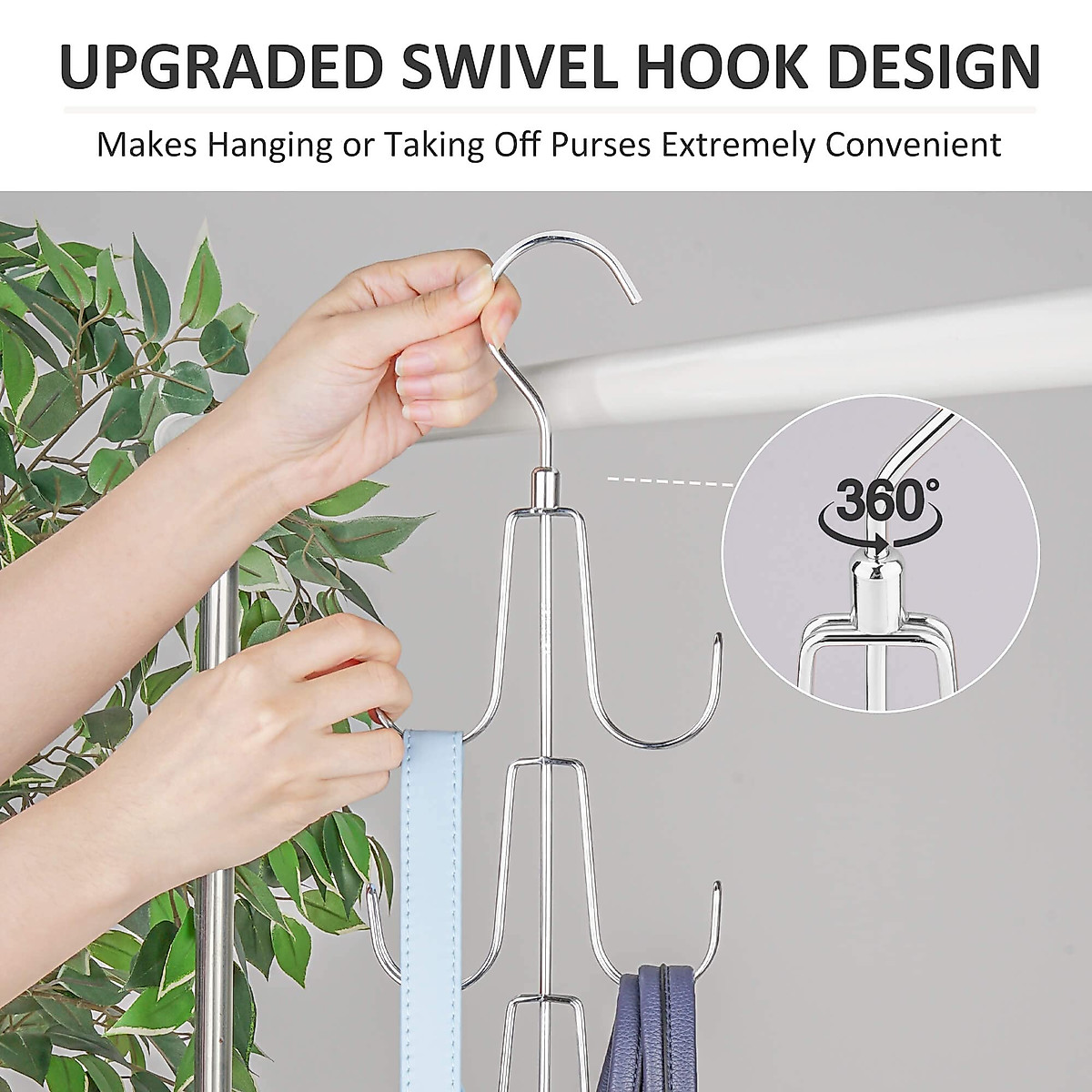 ZEDODIER Purse Hanger Organizer for Closet, 2 Pack Rotatable Hanging Bag Holder, 8 Storage Capacity, Keeping Purses Visible and in Good Condition, Metal Handbag Storage Hook Rack Space Saver, Silver