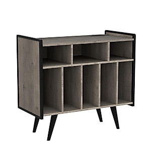 IDEALHOUSE Record Player Table Stand, Grey Record Album Storage Cabinet with Power Outlet, Large Wooden Turntable Stand for Living Room, Bedroom, Office