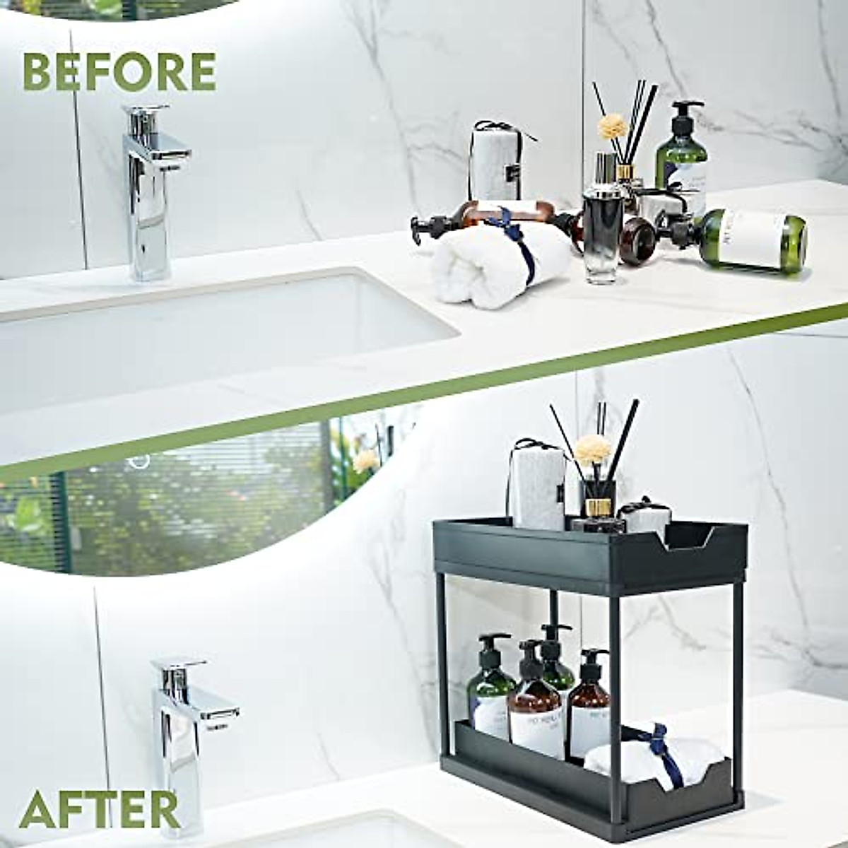 Under Sink Bathroom Cabinet Organizer, Double Sliding out Drawer Kitchen Organization, Multi-use For Vanity Counter Kitchen Storage with Hook, Black