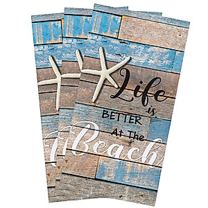 Kitchen Dish Towels 3 Pack-Super Absorbent Soft Microfiber,Marine Life Starfish Beach Life is Better at The Beach Rustic Wood Grain Cleaning Dishcloth Hand Towels Tea Towels for Kitchen Bathroom Bar