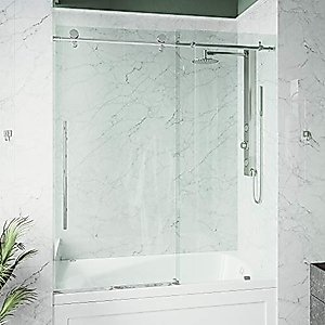 VIGO Adjustable 56-60" W x 66" H Elan E-Class Frameless Sliding Rectangle Tub Door with Clear Tempered Glass, Reversible Door Handle and Stainless Steel Hardware in Chrome-VG6021CHCL6066