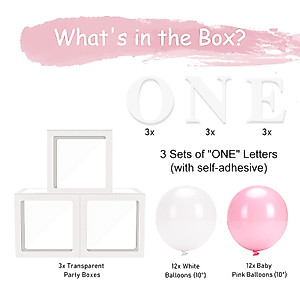 Baby Girl First Birthday Party Decorations 'ONE' Letters Individual Three White Transparent Square Boxes with 24 Balloons Decor for 1 Year Old Baby Birthday Party Decor Backdrop Favors