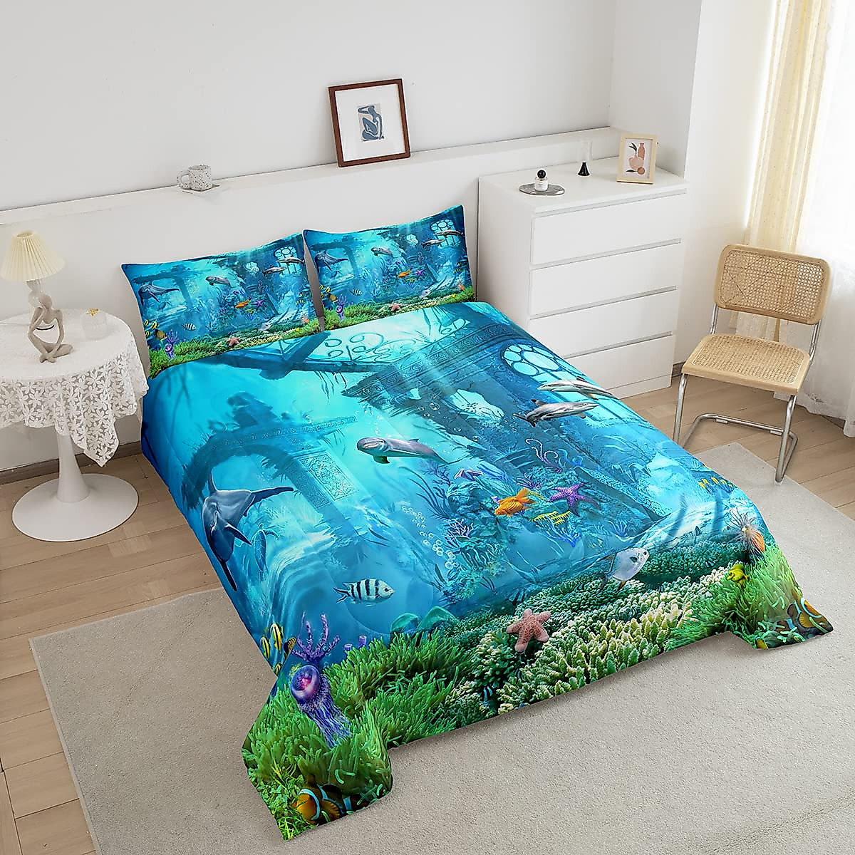 Erosebridal 3D Underwater World Bedding Set Beach Fish Sea Blue Comforter Set Queen Size, Shark Dolphin Duvet Filler for Kids Child, Jellyfish Starfish Quilted Duvet Tropical Sealife Bedroom Decor
