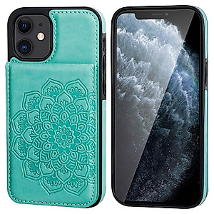 Vaburs Compatible with iPhone 12 and iPhone 12 Pro Case with Wallet Card Holder,Embossed Mandala Pattern Flower PU Leather 4 Card Slots Kickstand Shockproof Flip Cover 6.1 Inch(Green)