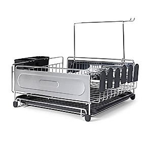 happimess DSH1000A Compact 17.25" Fingerprint-Proof Stainless Steel Dish Drying Rack, Dish Rack with Wine Glass Holder, Utensil Holder, Stainless Steel/Black, Silver/Black