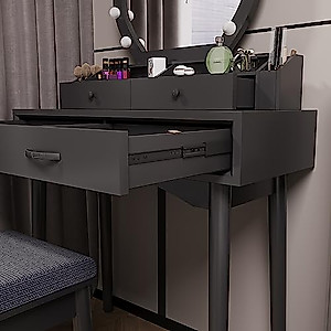 ISHARINGTIME Vanity Table, Vanity Desk with Lighted Mirror, 4 Drawers Makeup Table with Soft Cushioned Stool for Bedroom Studio (Black) TYVT010BK