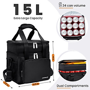 Lunch Bag for Women Men Double Deck Lunch Box, [24H] Insulated Lunch Cooler Bag with Shoulder Strap, Large Heavy Duty Leakproof Adult Lunch Tote Bag LunchBox for Work Beach Picnic Travel (15L, Black)