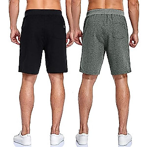 Boyzn Men's 2 Pack Casual Shorts Comfortable Cotton Workout Shorts Elastic Waist Joggers Gym Running Shorts with Zipper Pockets Black/Dark Grey-L
