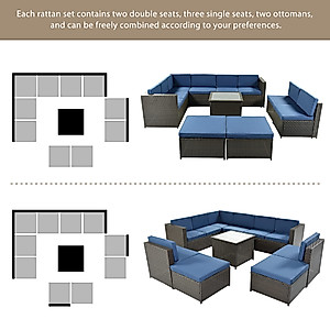 Merax 9-Piece Patio Furniture Set Outdoor Conversation PE Wicker Rattan Sectional Sofa, Coffee Table and Ottoman, Blue