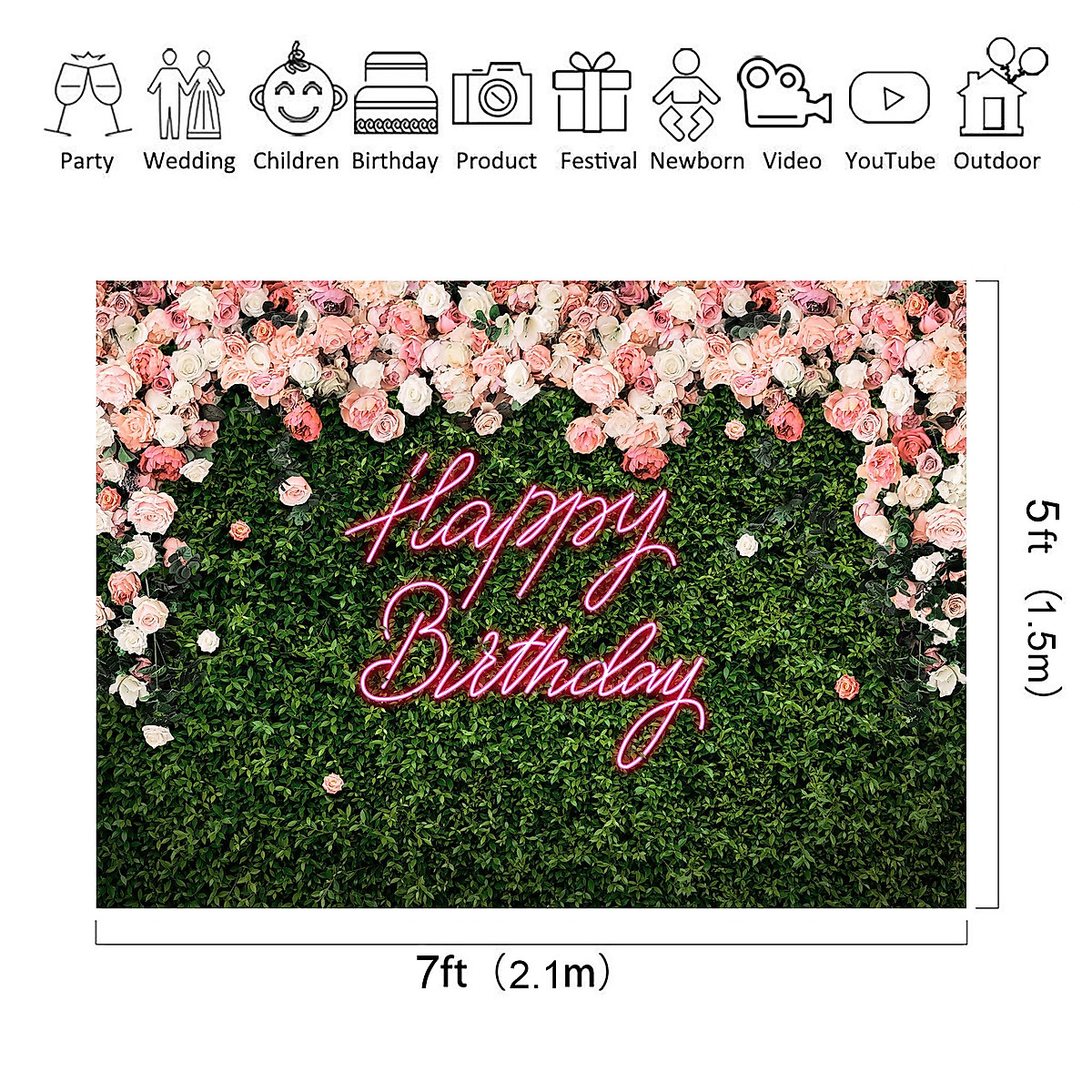 Riyidecor Green Leaves Happy Birthday Backdrop for Women Neon Flower Wall Pink Rose Floral Blossom Botanical Plant Nature 7Wx5H Feet Girls Photography Background Birthday Photo Studio Shoot Fabric