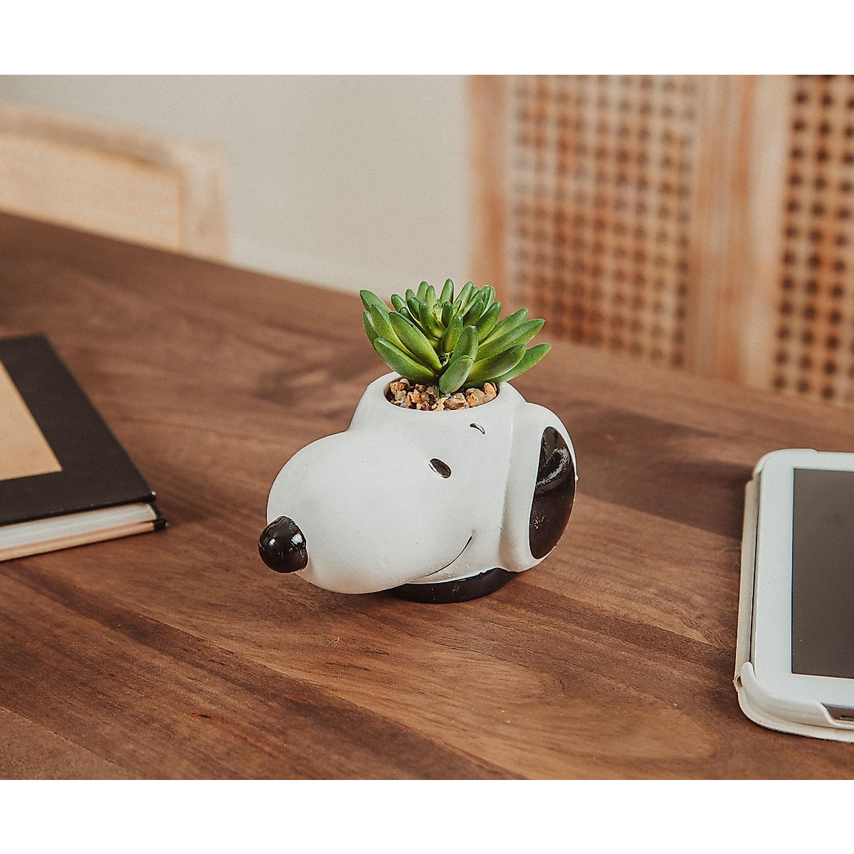 Peanuts Snoopy Face Ceramic Mini Planter with Artificial Succulent | Small Flower Pot, Faux Indoor Plants for Desk Shelf, Home Decor Trinket Tray | Cute Charlie Brown Gifts and Collectibles