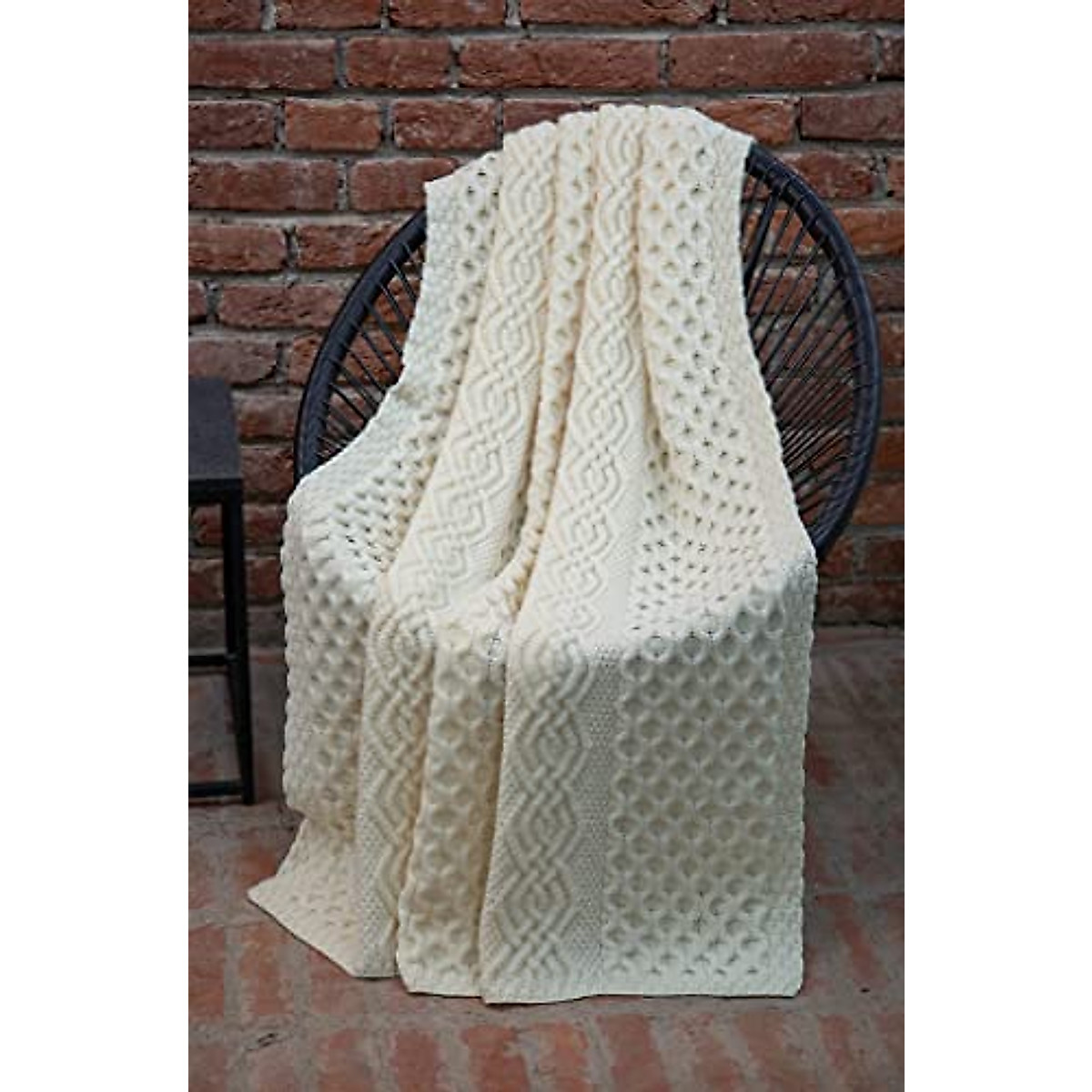 SAOL Honeycomb and Cable Knit Patterns 100% Irish Merino Wool Aran Throw/Blanket 60 x 40 inches (Natural)
