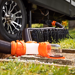 Camco 39736, RhinoFlex Clear RV Sewer Hose Elbow with 4-in-1 Adapter | Features a 360-Degree Fitting Rotation and Built-in Gasket for Odor-Tight Protection | Fits 4 Sizes of Dump Station Inlets