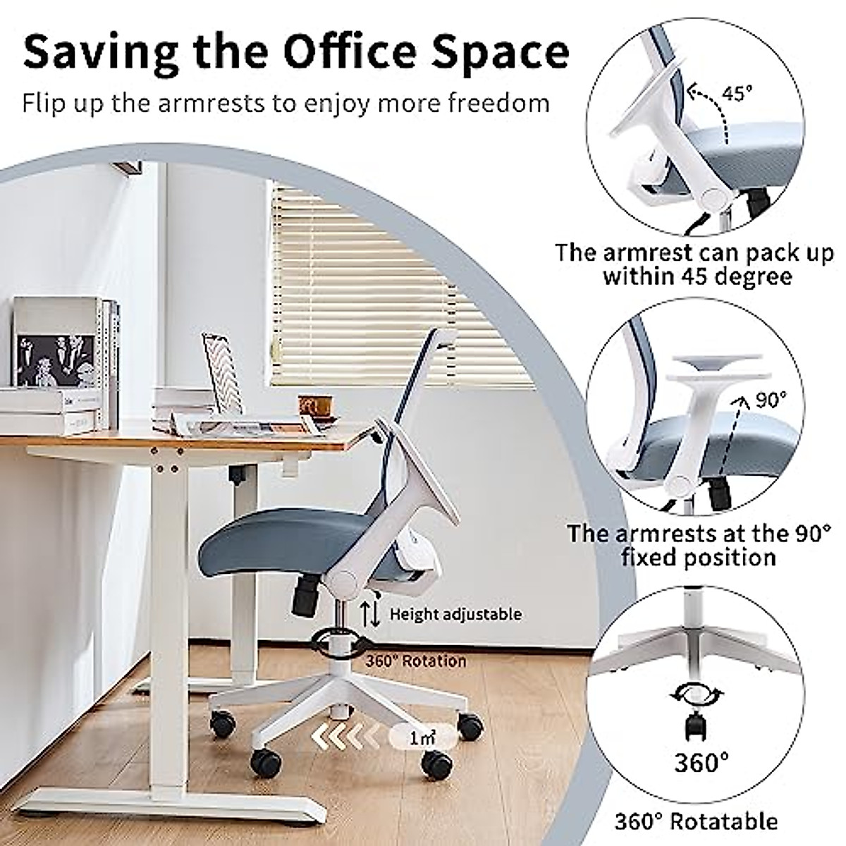 H HAILIBO Office Chair, Mesh Back Desk Chair, Swivel Ergonomic Computer Chair with Flip-Up Arms and Adjustable Height (Light Blue)