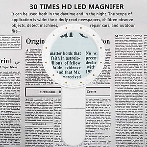AIXPI Magnifying Glass with Light, 30X Handheld Large Magnifying Glass 12 LED Illuminated Lighted Magnifier for Macular Degeneration Seniors Reading Inspection Coins Jewelry