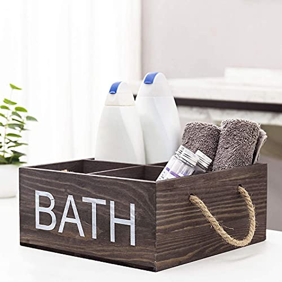 MyGift Bathroom Organizer 4 Cup Bin, 4-Compartment Rustic Dark Brown Wood Bath Caddy Storage Crate with Rope Handles