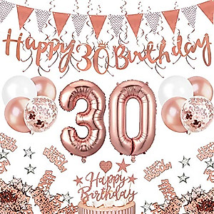 MOVINPE 30th Rose Gold Birthday Decorations, 30th Happy Birthday Banner Pennant Flags 6pcs Hanging Swirl, Number 30 Foil Balloons 8pcs Latex Balloons Cake Toppers Table Confetti for Women