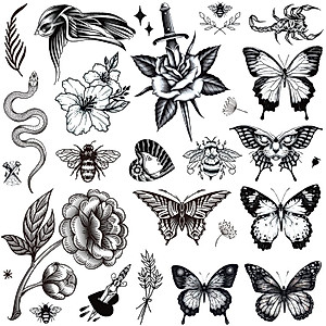 Tazimi 8 Sheets Large Black Tattoos for Women Girls Butterfly Snake Bee Swallow Flowers Scorpion Fake Tattoos Realistic Adult Classic Tattoos for Friends Night Party Favor Theme Decoration and Tattoo