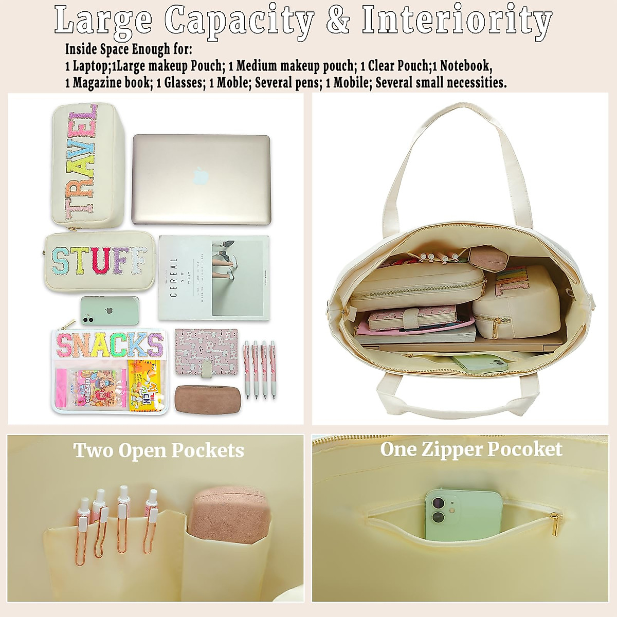 YogoRun Large Tote Summer Bags for Women 2024 Cute Beach Bag Simple Modern Bag Water-resistant Nylon Handbag with Shoulder Crossbody Strap (Beige)