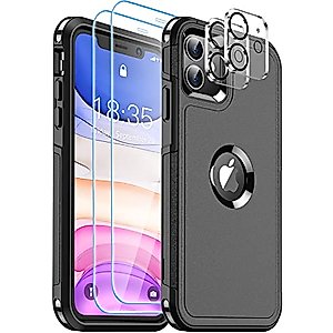 SUPFINE 5 in 1 for iPhone 11 Case, [10 FT Military Dropproof] [2+Tempered Glass Screen, 2+Tempered Camera Lens Protector] Non-Slip Heavy Duty Shockproof Phone Case,Black