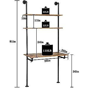 ZIOTHUM Wall Mount Desk, Ladder Desk, Shelf Desk, Industrial Desk, Wall Table, Computer Laptop Desk with Shelves, Industrial Bookcase Desk Wall Mount Floating Pipe Table with Storage (36x20x81)