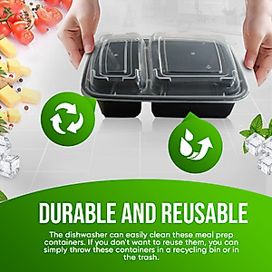 Fonteme 2 Compartment Meal Prep (50 Pack) Food Container with Airtight Lids | Easy Portion Control | Freezer & Microwave Safe Stackable BPA Free Plastic Rectangular Disposable Storage Container