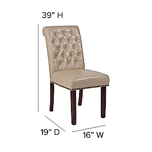 Flash Furniture Set of 4 Hercules Series Beige LeatherSoft Parsons Chairs with Rolled Back, Accent Nail Trim and Walnut Finish