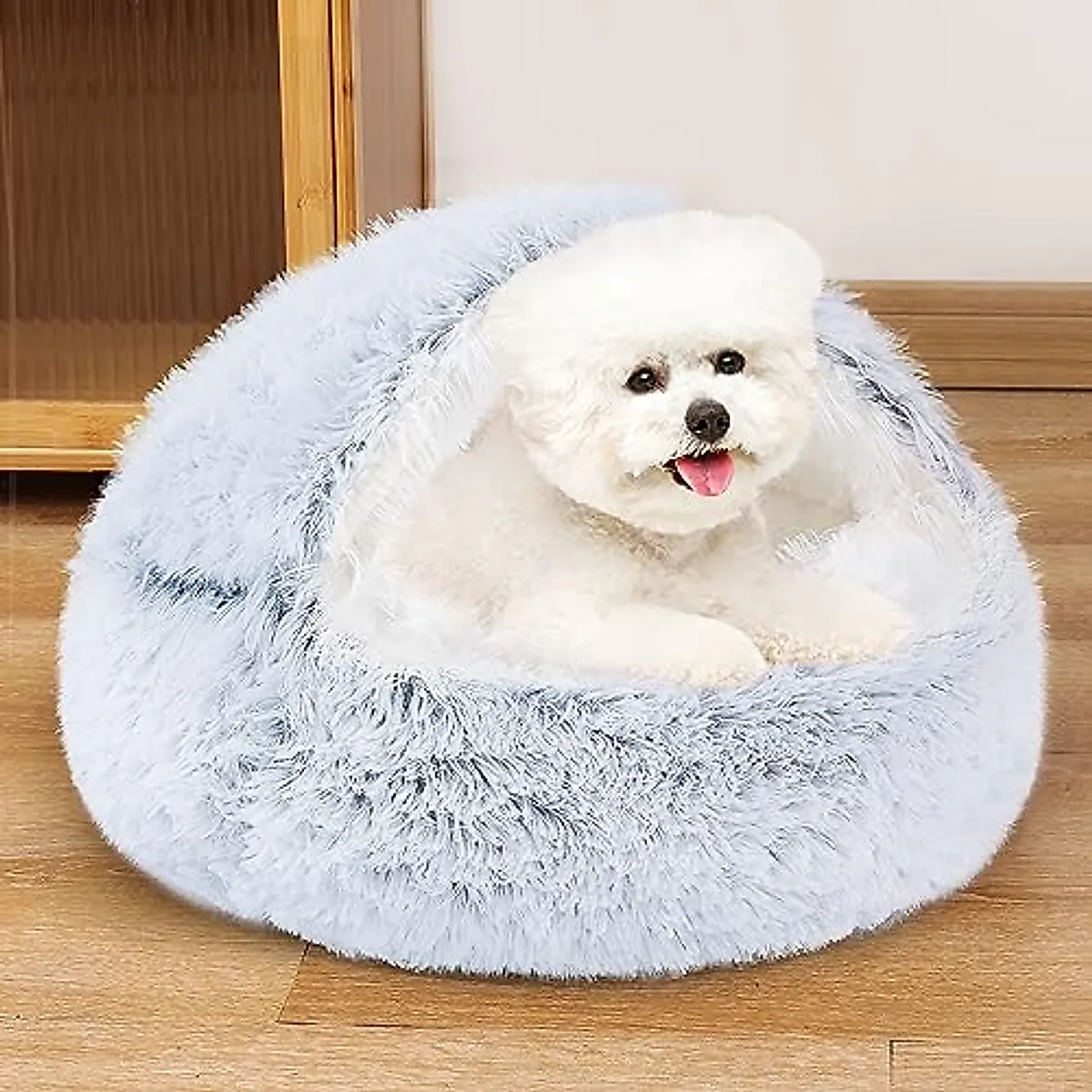 NOYAL Round Hooded Donut Dog Bed for Small & Medium Pets - Plush Fluffy Anti-Anxiety Cat Cave Bed with Cover