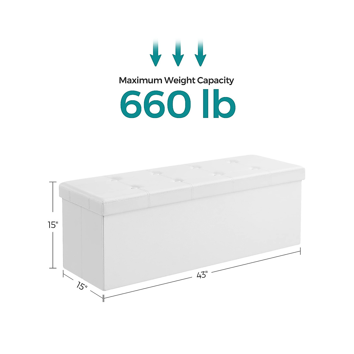 SONGMICS 43 Inches Folding Storage Ottoman Bench, Storage Chest, Footrest, Coffee Table, Padded Seat, Faux Leather, Holds up to 660 lb, White ULSF702