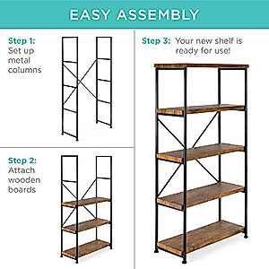 Best Choice Products 5-Tier Rustic Industrial Bookshelf Display Décor Accent for Living Room, Bedroom, Office w/Metal Frame, Wood Shelves - Brown