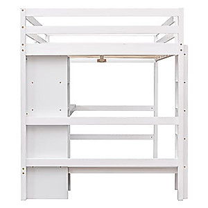 Harper & Bright Designs Full Size Loft Bed with Desk and Storage Shelves, Solid Wood Loft Bed Frame for Kids Teens Adults (Full Size, White)
