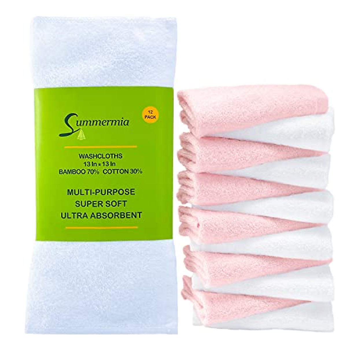 SUMMERMIA Bamboo Washcloths 13" x 13" (2 x 12 Pack) - Soft Wash Cloths for Your Face Towel, Wash Cloths for Your Body (White + Blue + Pink)
