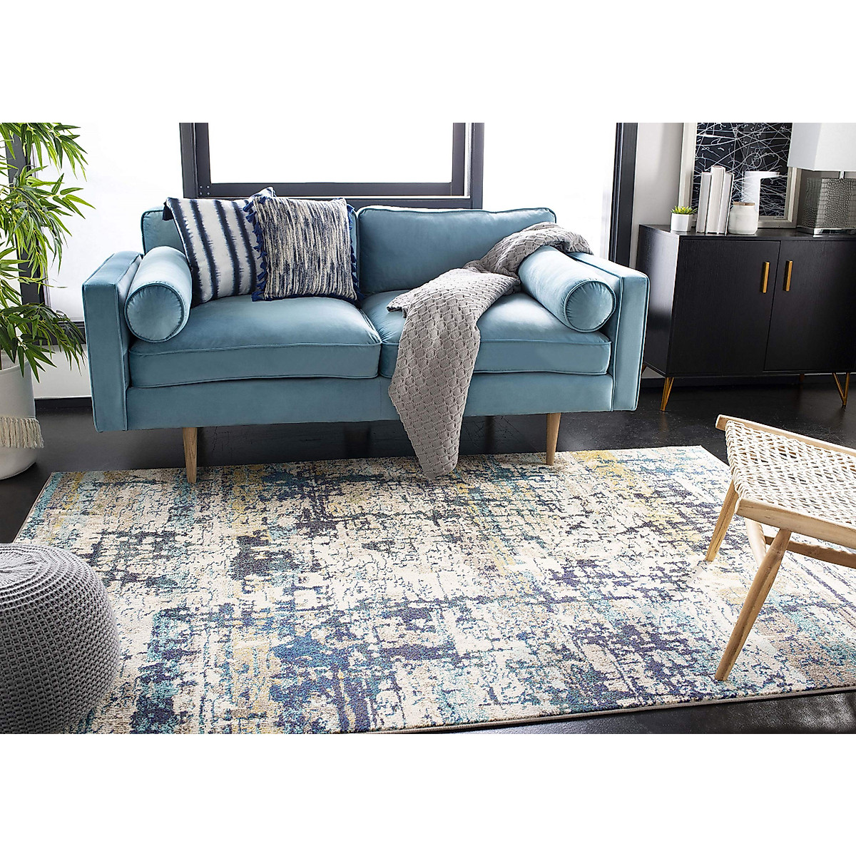 SAFAVIEH Madison Collection 9' x 12' CreamBlue MAD469B Modern Abstract Non-Shedding Living Room Bedroom Dining Home Office Area Rug