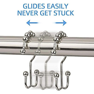 DAWNER Shower Curtain Hooks, Rust Proof Metal Easy Glide Double Rings, Stainless Steel Hangers for Bathroom Curtains, Set of 12, Brushed Nickel