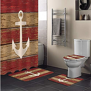 WARM TOUR 4 Piece Shower Curtain Sets with Bath Rugs Nautical Anchor Rustic Wood Board,Non-Slip Floor Mat,Toilet Lid Covers,U-Shape Contoured Pad Marine Red Wood Grain Bathroom Set for Home Decor